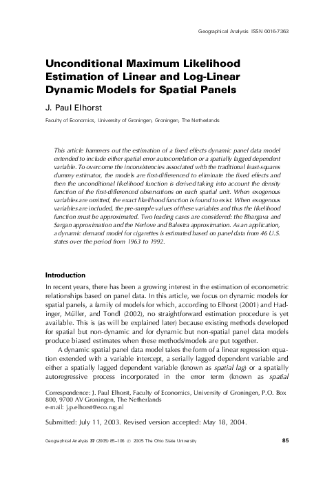 Pdf Unconditional Maximum Likelihood Estimation Of Linear And Log Linear Dynamic Models For