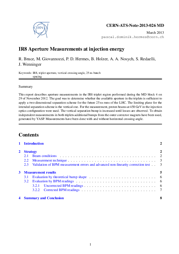 (PDF) IR8 Aperture Measurements at injection energy