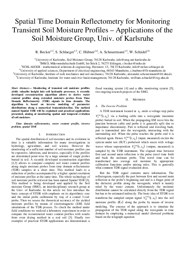 (PDF) Spatial Time Domain Reflectometry for Monitoring Transient Soil Moisture Profiles
