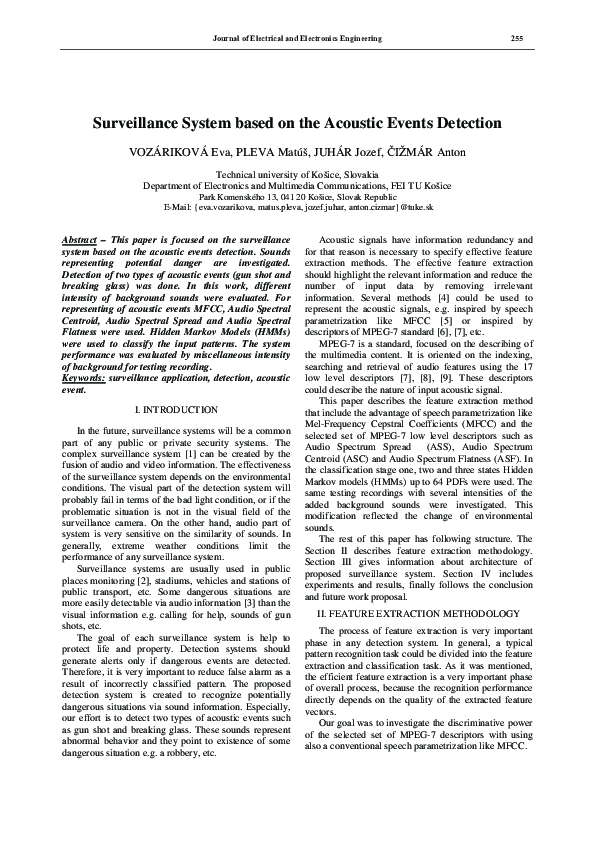 (PDF) Surveillance System based on the Acoustic Events Detection