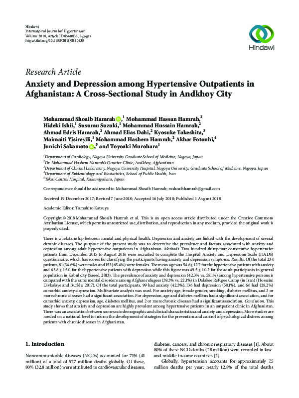 (PDF) Anxiety and Depression among Hypertensive Outpatients in ...