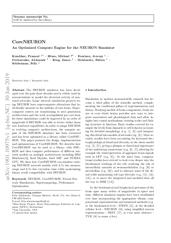 (PDF) CoreNEURON : An Optimized Compute Engine for the NEURON Simulator