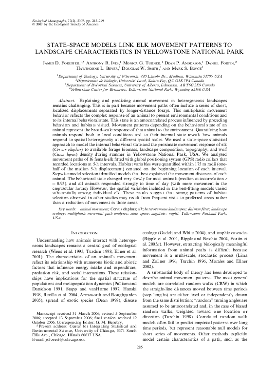 (PDF) State–Space Models Link Elk Movement Patterns to Landscape Characteristics in Yellowstone ...