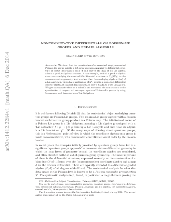 (PDF) Noncommutative differentials on Poisson–Lie groups and pre-Lie algebras