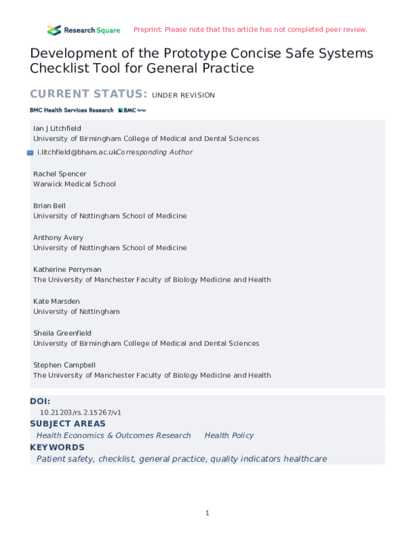 (PDF) Prototype Safe Systems Checklist Tool for General Practice