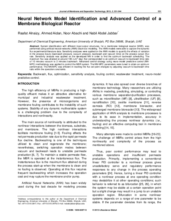(PDF) Neural Network Model Identification and Advanced Control of a Membrane Biological Reactor