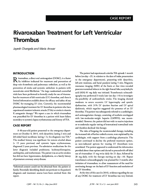 (PDF) Rivaroxaban Treatment for Left Ventricular Thrombus