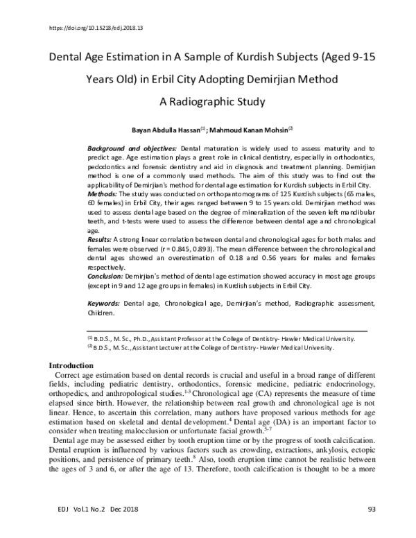 (PDF) Dental Age Estimation in A Sample of Kurdish Subjects (Aged 9-15 ...
