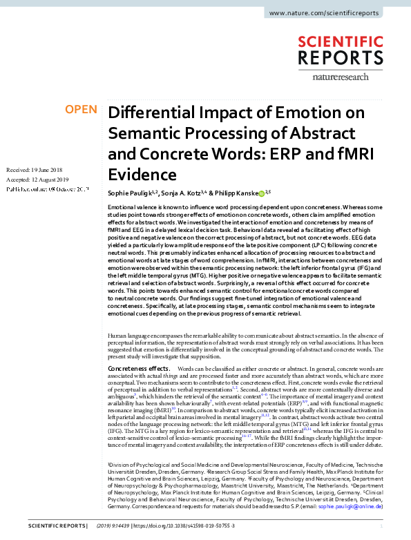 (PDF) Differential Impact of Emotion on Semantic Processing of Abstract and Concrete Words: ERP ...