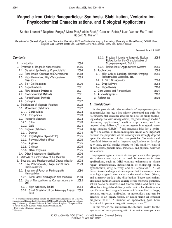 (PDF) Magnetic Iron Oxide Nanoparticles: Synthesis, Stabilization, Vectorization ...