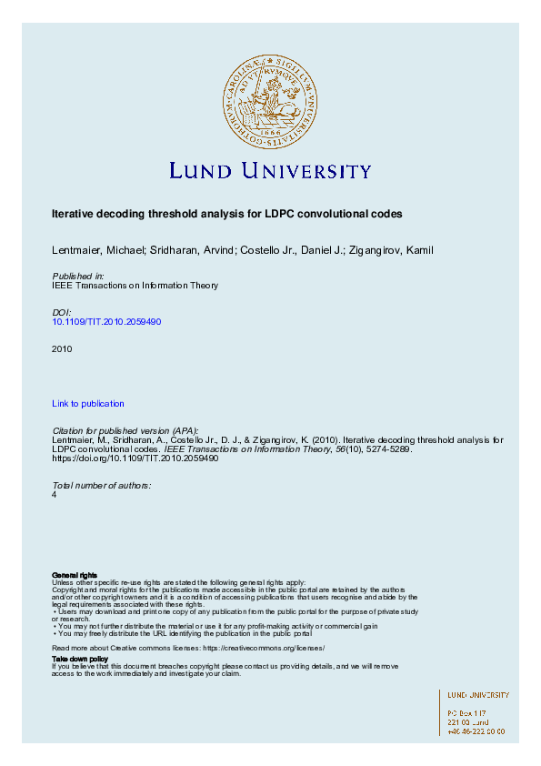 (PDF) Iterative Decoding Threshold Analysis for LDPC Convolutional Codes