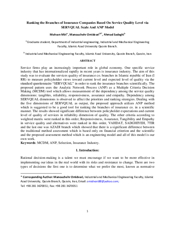 (PDF) Ranking the Branches of Insurance Companies Based On Service ...