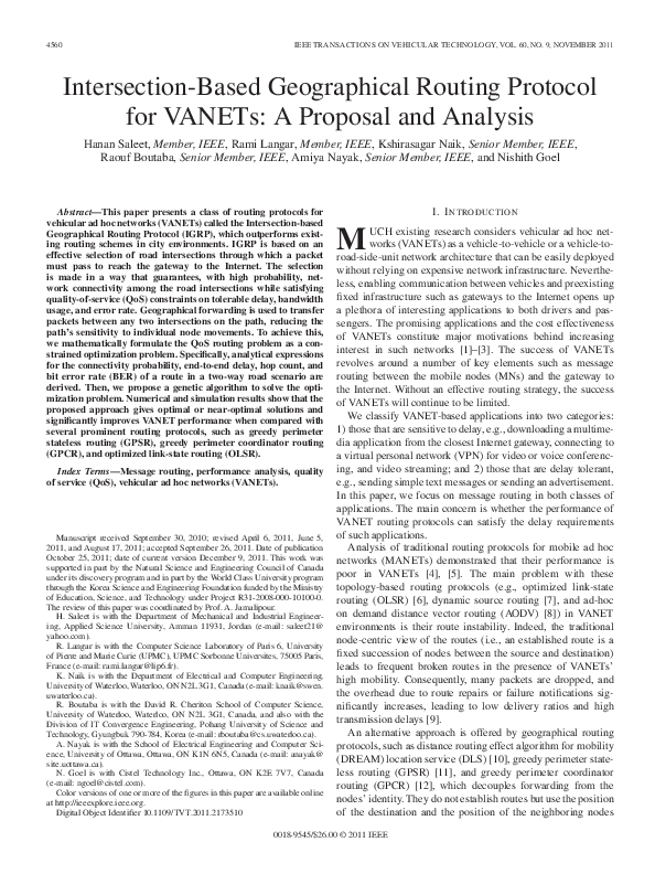 (PDF) Intersection-Based Geographical Routing Protocol for VANETs: A Proposal and Analysis