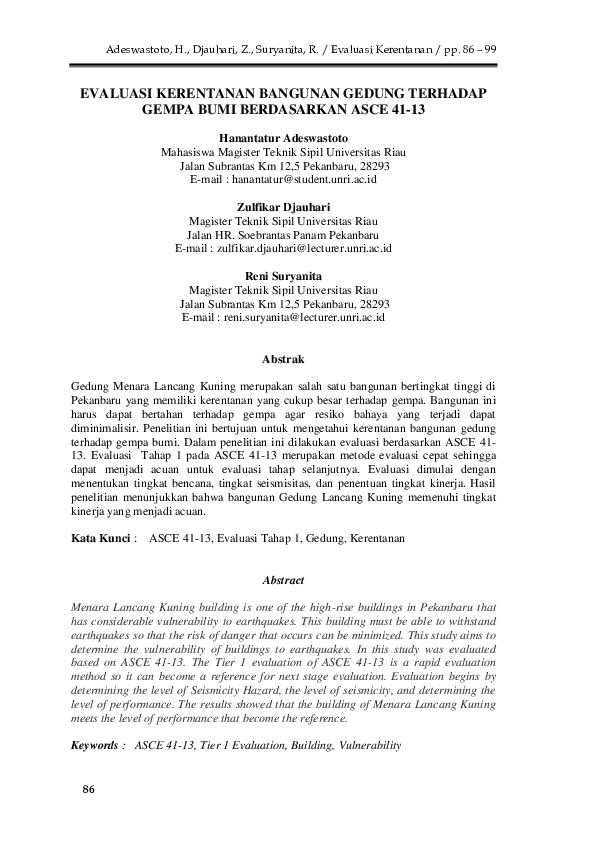 (PDF) Evaluasi Kerentanan Bangunan Gedung Terhadap Gempa Bumi Berdasarkan Asce 41-13