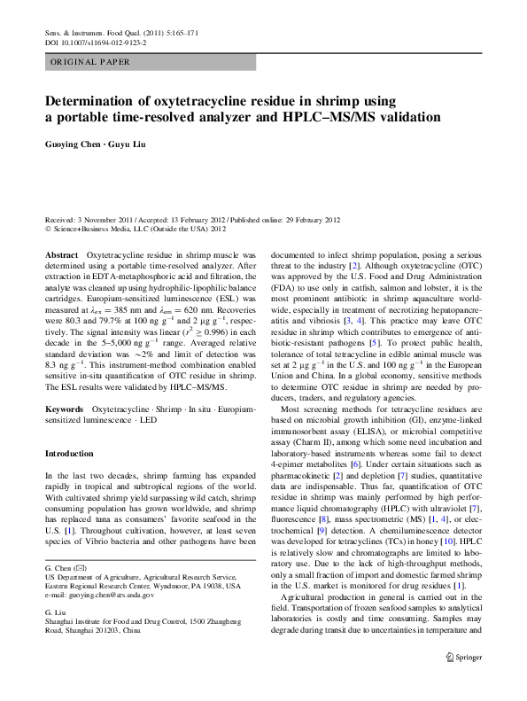Pdf Determination Of Oxytetracycline Residue In Shrimp Using A Portable Time Resolved Analyzer