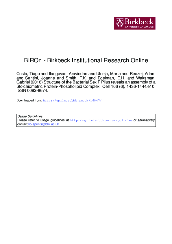 (PDF) Structure of the Bacterial Sex F Pilus Reveals an Assembly of a ...