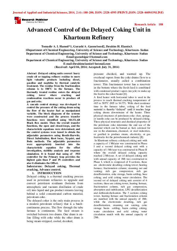 (PDF) Advanced Control of the Delayed Coking Unit in Khartoum Refinery | Tomadir Awad - Academia.edu