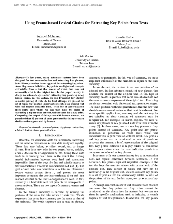 (PDF) Using Frame-based Lexical Chains for Extracting Key Points from Texts