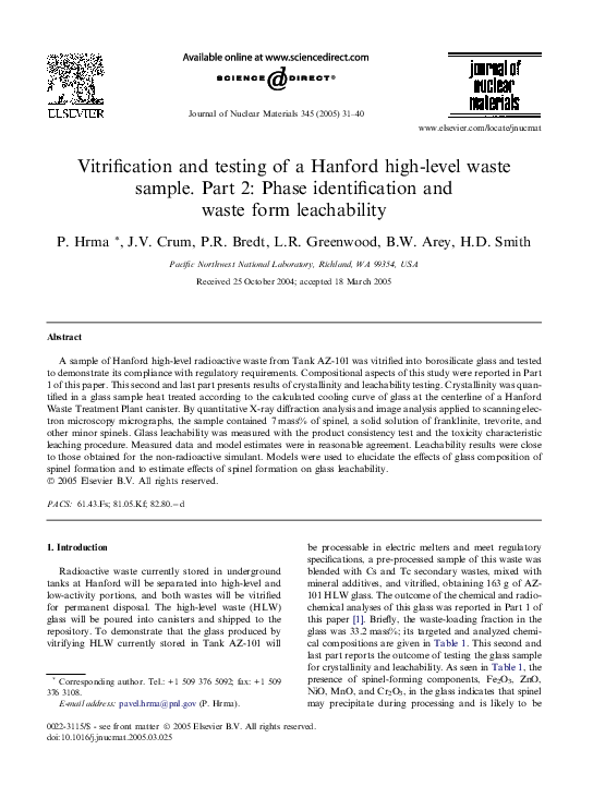 (PDF) Vitrification and testing of a Hanford high-level waste sample ...