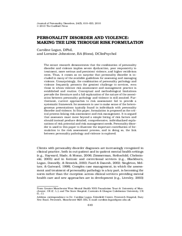 (PDF) Personality Disorder and Violence: Making the Link Through Risk ...