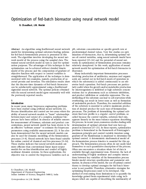 Pdf Optimization Of Fed Batch Bioreactor Using Neural Network Model