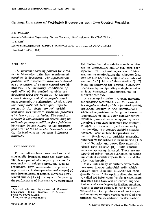 (PDF) Optimal operation of fed-batch bioreactors with two control variables