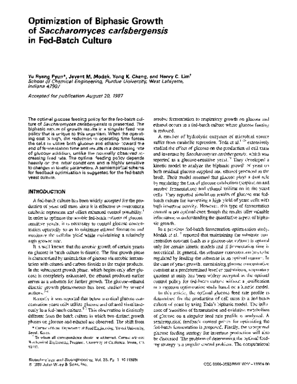 (PDF) Optimization of biphasic growth ofSaccharomyces carlsbergensis in fed-batch culture ...