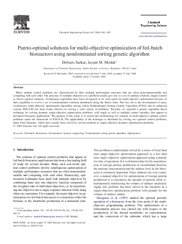 (PDF) Pareto-optimal solutions for multi-objective optimization of fed-batch bioreactors using ...