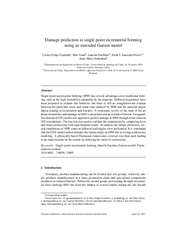 (PDF) Damage Prediction in Single Point Incremental Forming using an ...