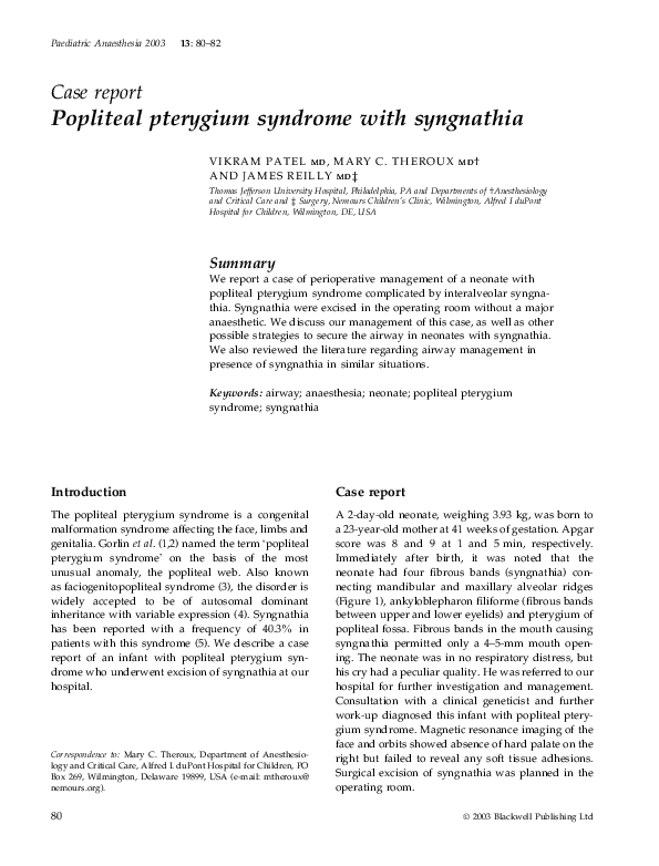 (PDF) Popliteal Pterygium Syndrome With Syngnathia