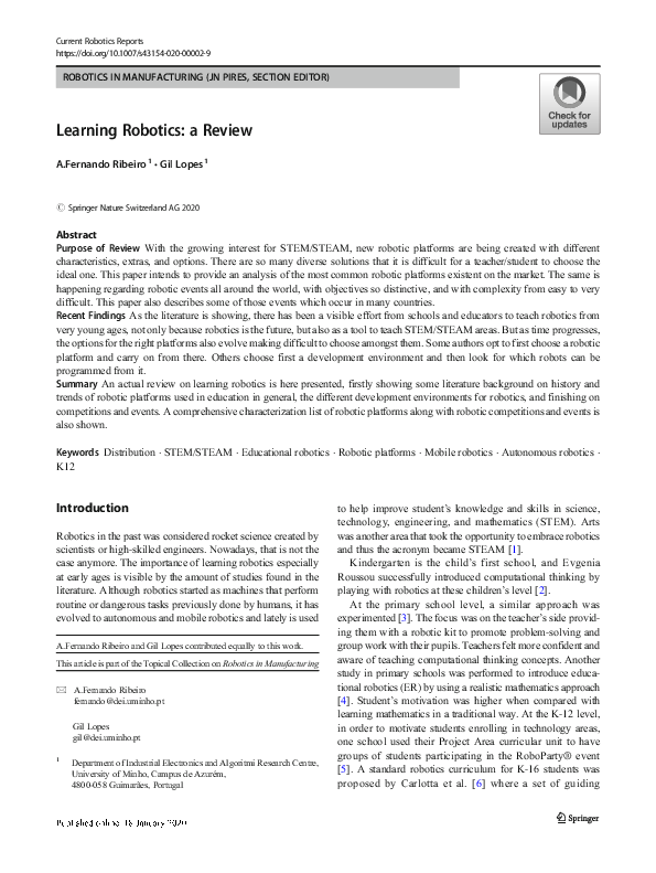 (PDF) Learning Robotics: a Review