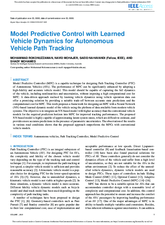 Pdf Model Predictive Control With Learned Vehicle Dynamics For Autonomous Vehicle Path Tracking