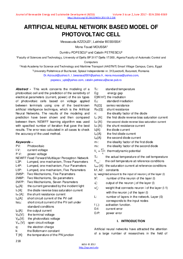 (PDF) Artificial Neural Network Based Model of Photovoltaic Cell