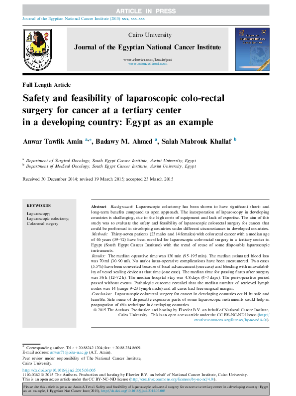 (PDF) Safety and feasibility of laparoscopic colo-rectal surgery for ...