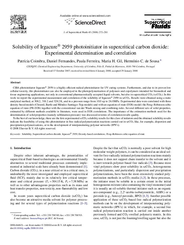 (PDF) Solubility of Irgacure® 2959 photoinitiator in supercritical carbon dioxide: Experimental ...