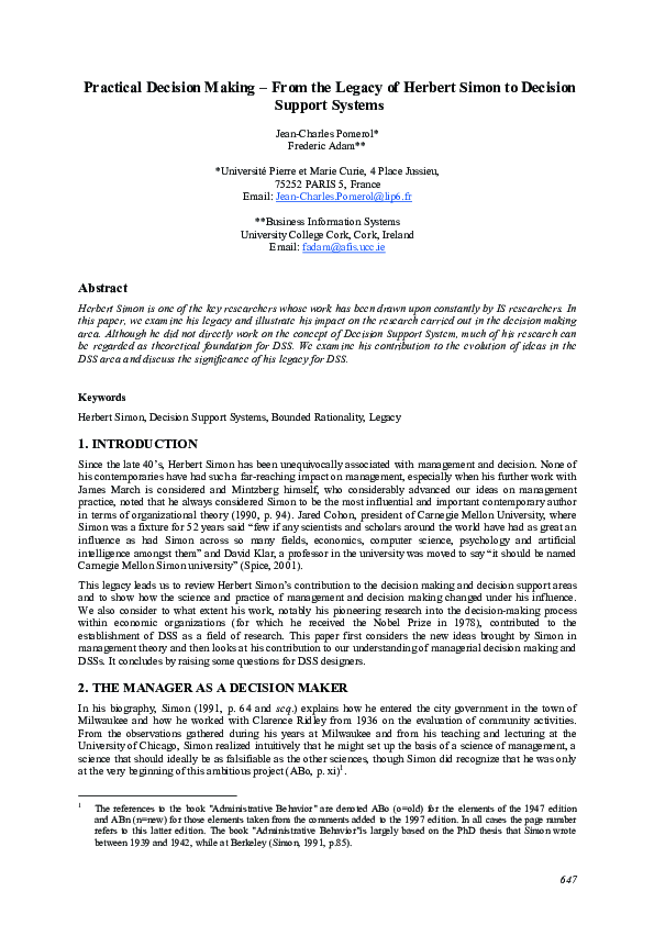 (PDF) Practical Decision Making - From the Legacy of Herbert Simon to ...