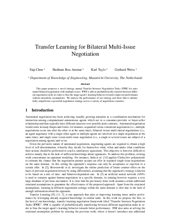 (PDF) Transfer learning for bilateral multi-issue negotiation