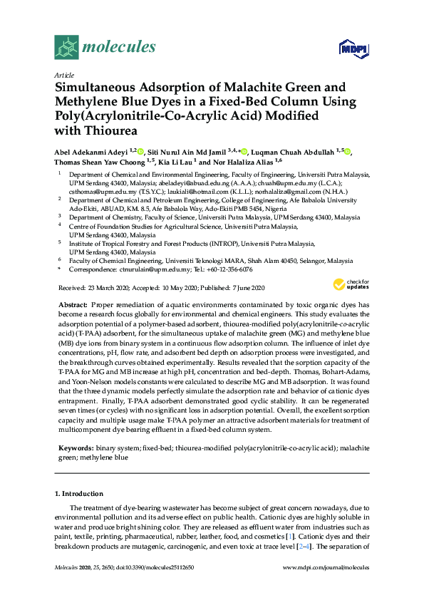 (PDF) Simultaneous Adsorption of Malachite Green and Methylene Blue Dyes in a Fixed-Bed Column ...