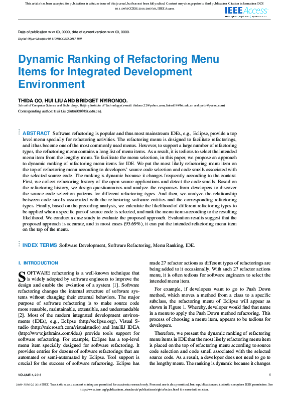 Pdf Dynamic Ranking Of Refactoring Menu Items For Integrated