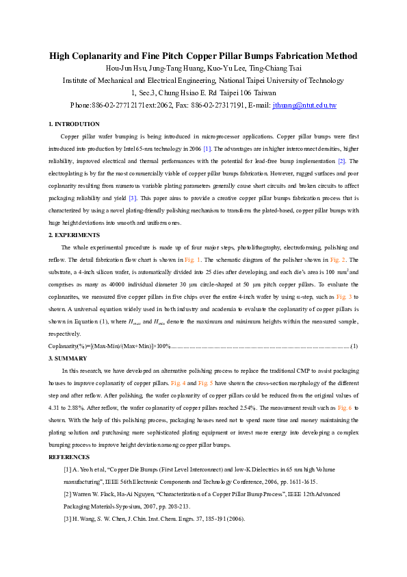 (PDF) High Coplanarity and Fine Pitch Copper Pillar Bumps Fabrication ...
