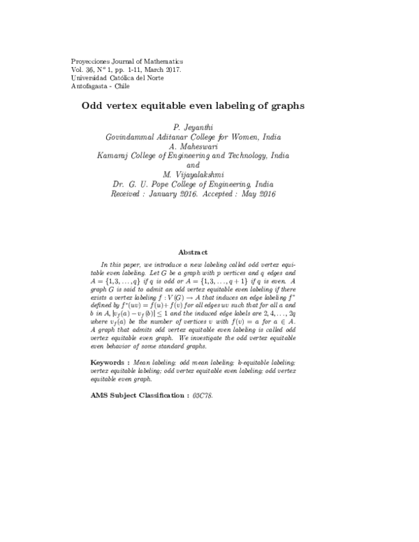 (PDF) Odd vertex equitable even labeling of graphs | P. Jeyanthi - Academia.edu