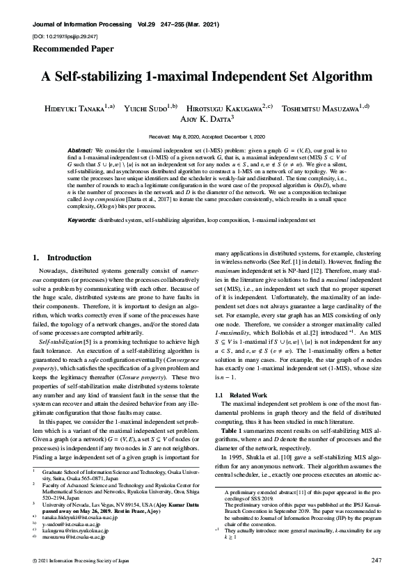(PDF) A Self-stabilizing 1-maximal Independent Set Algorithm | Toshimitsu Masuzawa - Academia.edu