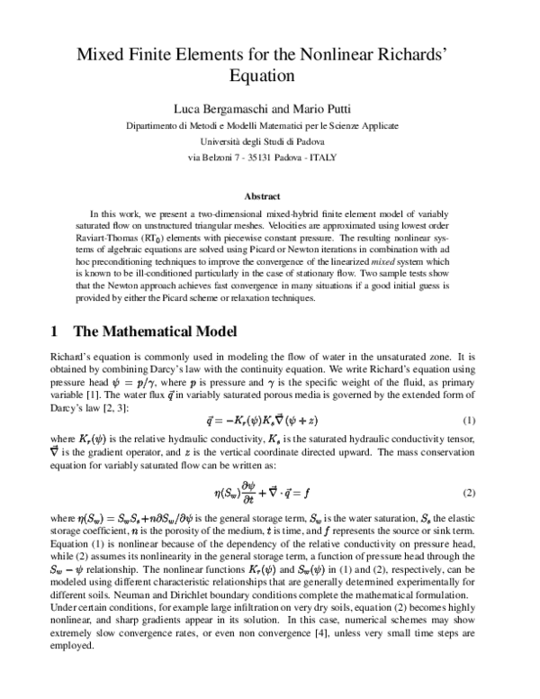 (PDF) Mixed Finite Elements for the Nonlinear Richards’ Equation