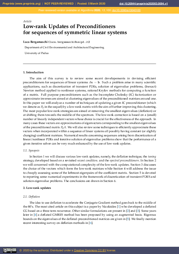 Pdf Low Rank Updates Of Preconditioners For Sequences Of Symmetric Linear Systems Luca