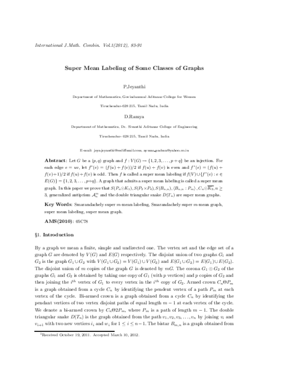 (PDF) Super mean labeling of some classes of graphs