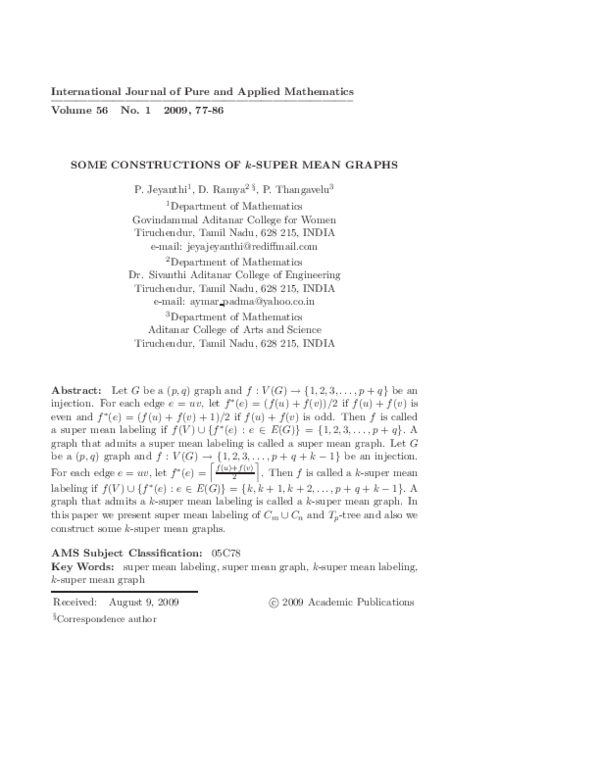 (PDF) SOME CONSTRUCTIONS OF k-SUPER MEAN GRAPHS