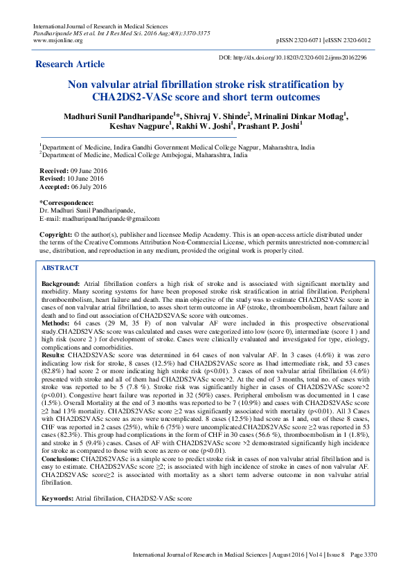 (PDF) Non valvular atrial fibrillation stroke risk stratification by ...