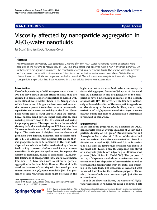 (PDF) Viscosity affected by nanoparticle aggregation in Al2O3-water ...