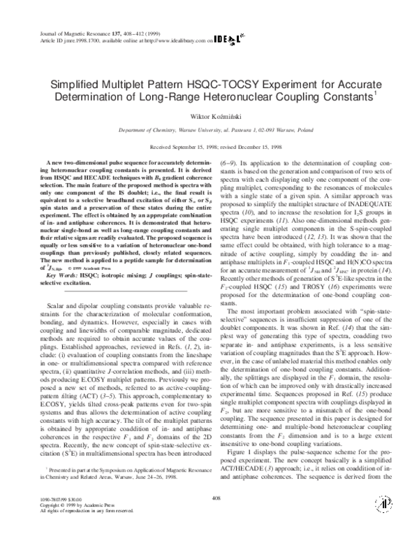 (PDF) Simplified Multiplet Pattern HSQC-TOCSY Experiment for Accurate ...