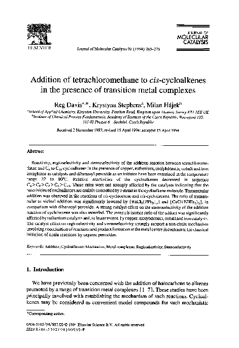 (PDF) Addition of tetrachloromethane to cis-cycloalkenes in the ...